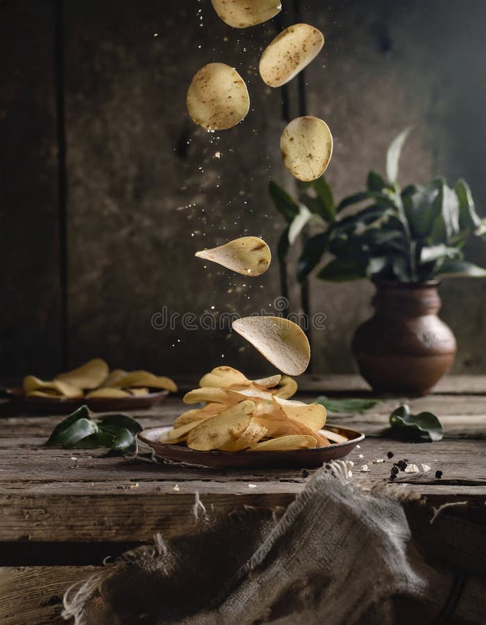 Potato Chips Falling Down on an Old Rustic Wooden Table Stock ...