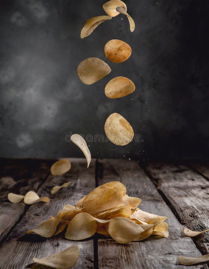 Potato Chips Falling Down on an Old Rustic Wooden Table Stock ...