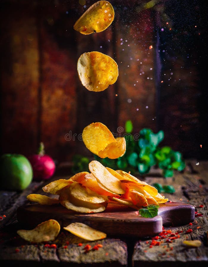 Potato Chips Falling Down on an Old Rustic Wooden Table Stock ...