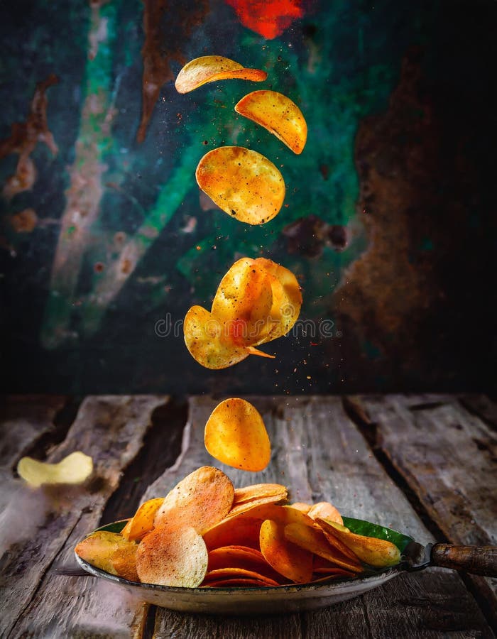 Potato Chips Falling Down on an Old Rustic Wooden Table Stock ...