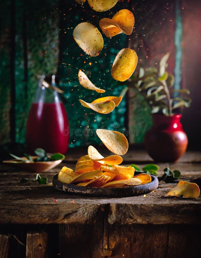 Potato Chips Falling Down on an Old Rustic Wooden Table Stock ...