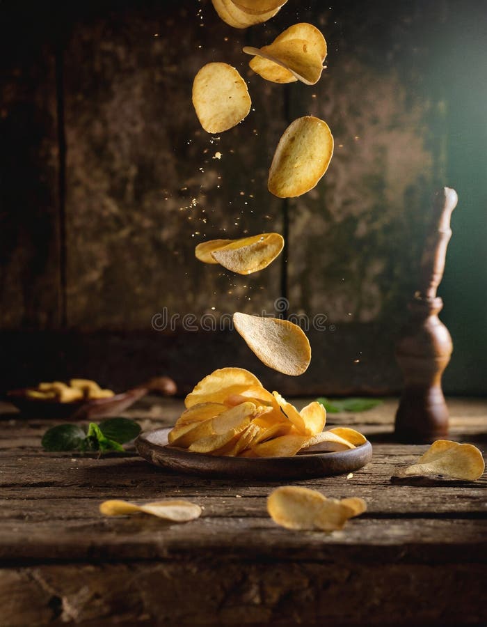 Potato Chips Falling Down on an Old Rustic Wooden Table Stock ...
