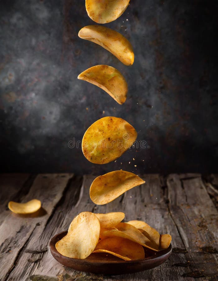Potato Chips Falling Down on an Old Rustic Wooden Table Stock ...