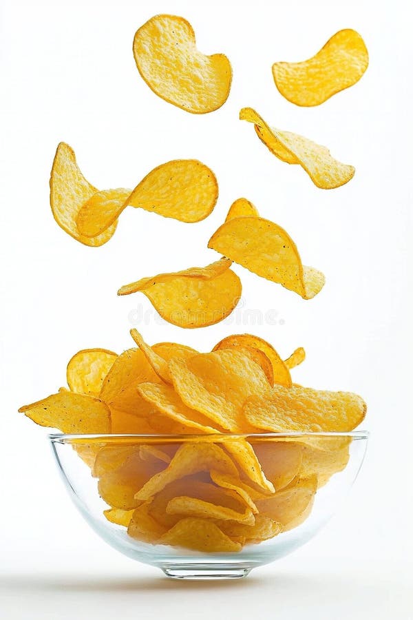 Yellow Potato Chips Falling White Bowl Over Background Stock Photos ...