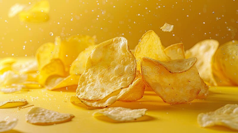 Potato Chips Fly on a Yellow Background, the Process of Making Chips ...