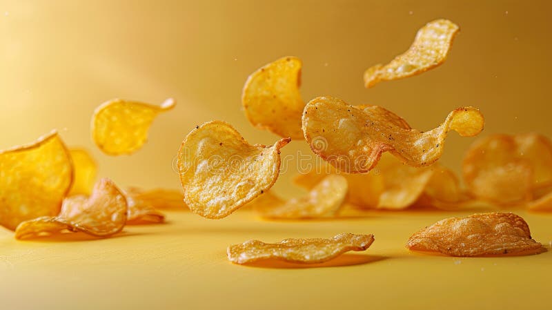 Potato Chips Fly on a Yellow Background, the Process of Making Chips ...