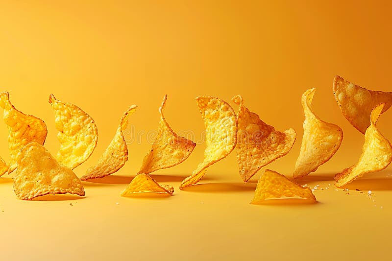 Potato Chips Fly on a Yellow Background, the Process of Making Chips ...
