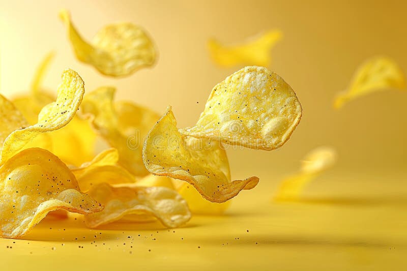 Potato Chips Fly on a Yellow Background, the Process of Making Chips ...