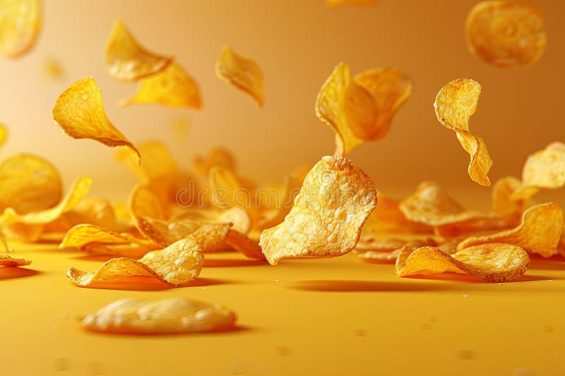 Potato Chips Fly on a Yellow Background, the Process of Making Chips ...