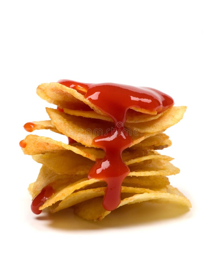 Potato Chips with Ketchup Isolated on White Stock Photo - Image of ...