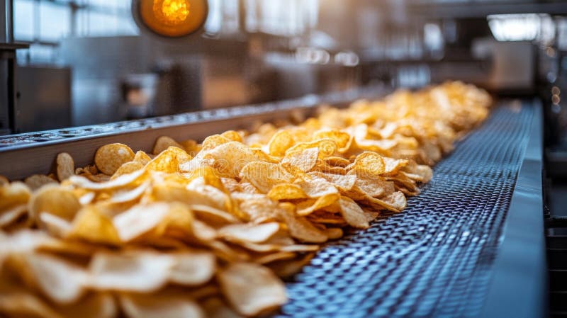 Potato Chips Moving Along a Conveyor Belt in a Factory Stock Illustration - Illustration of ...