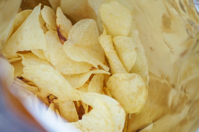 Potato Chips in Open Snack Bag Closeup Stock Photo - Image of crispy ...