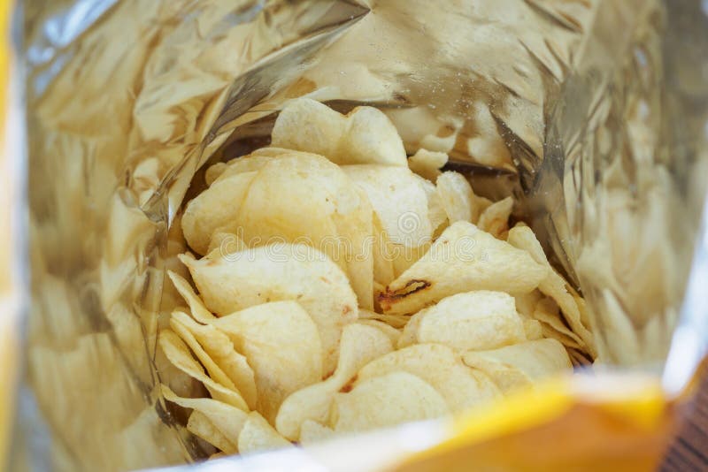 Potato Chips in Open Snack Bag Closeup Stock Image - Image of heap ...