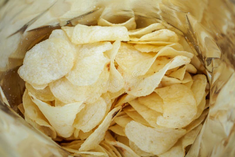 Potato Chips in Open Snack Bag Closeup Stock Photo - Image of chip ...
