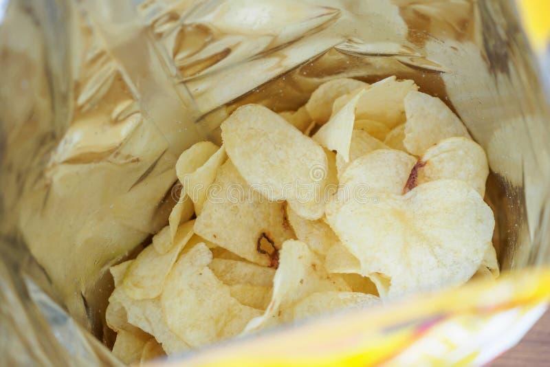 Potato Chips in Open Snack Bag Closeup Stock Image - Image of fast ...