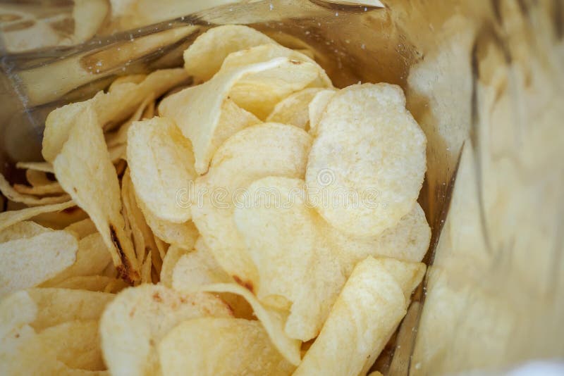 Potato Chips in Open Snack Bag Closeup Stock Image - Image of golden ...