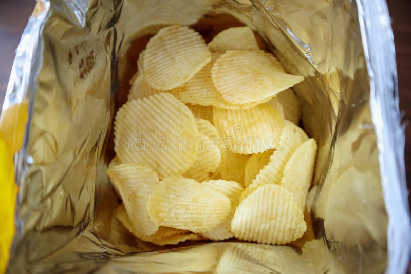 Potato Chips in Open Snack Bag Closeup Stock Image - Image of fast ...