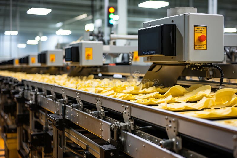 Potato Chips Packaging Line. Conveyor Belt, Production and Packaging ...