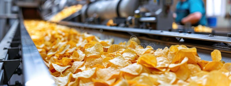 Potato Chips Production Line at the Factory. Potato Chips and Snacks ...