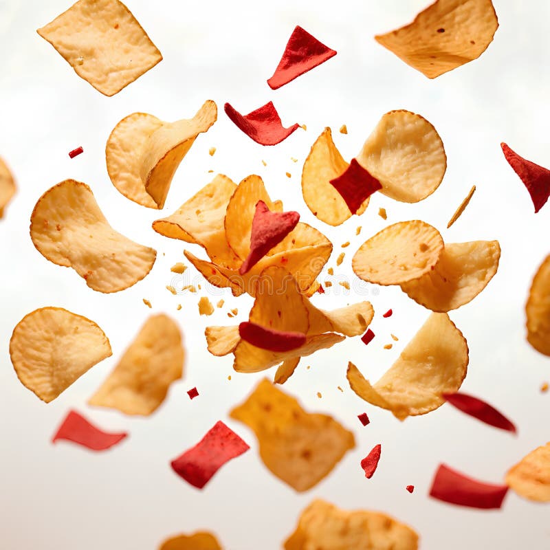 Potato Chips and Red Tortilla Snacks Flying in Mid Air on a White ...