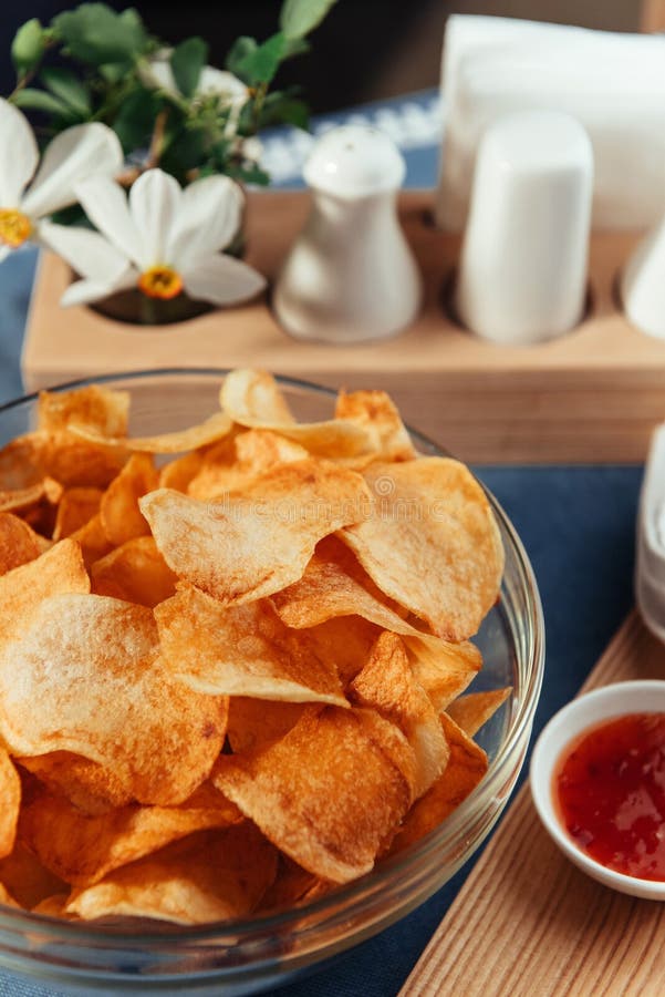 Potato Chips with Sauce on the Table. Homemade Sauces Stock Photo ...