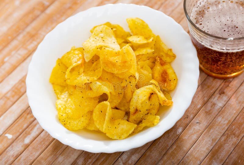Potato Chips Served with Glass of Beer Stock Image - Image of golden ...
