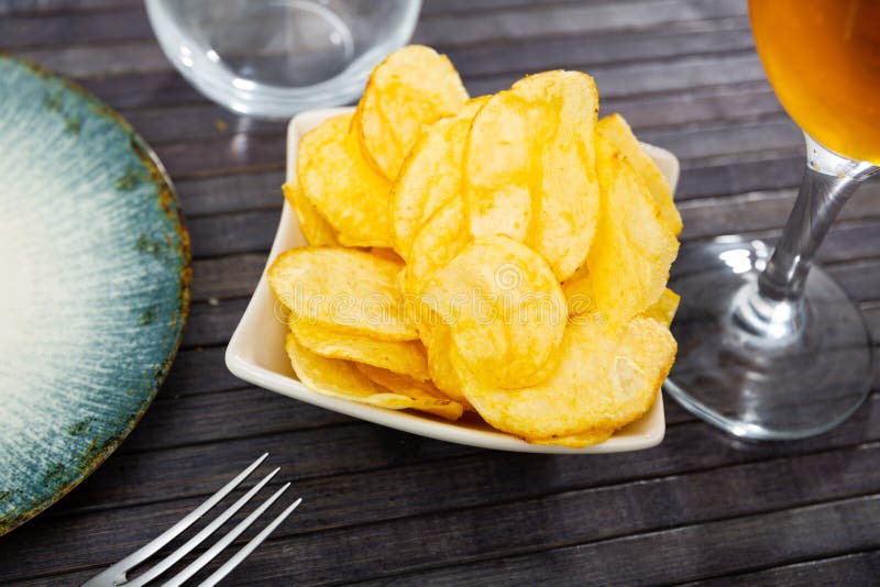 Potato Chips Served with Glass of Beer Stock Photo - Image of bowl ...