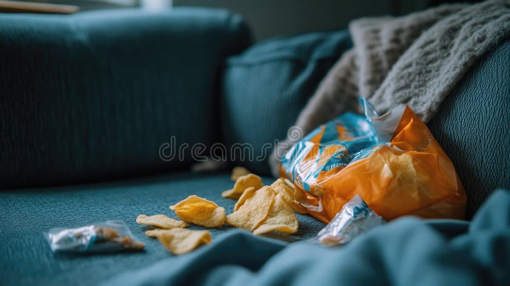 Potato Chips and Snack Wrappers on a Cozy Blue Sofa Stock Image - Image ...