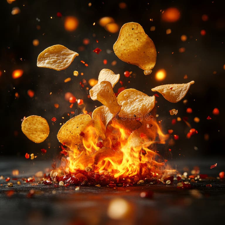 Potato Chips and Spices Exploding with Fiery Flair. Stock Photo - Image ...