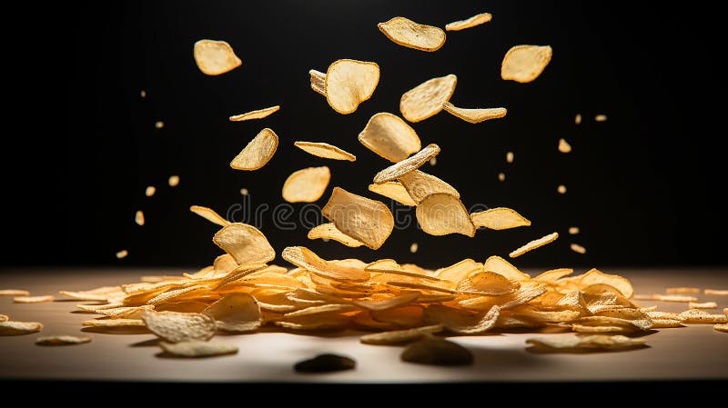 Potato Chips with Spices Fall in a Pile on Black Background. Creative ...