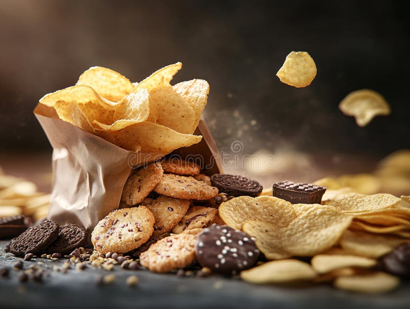 Potato Chips in a Stack on a Dark Background. Spilling Out of Open Bags ...