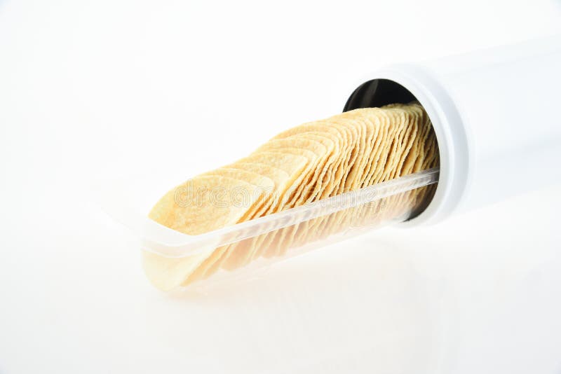 Potato Chips Stack in White Tin Box Container Tube Stock Photo - Image ...
