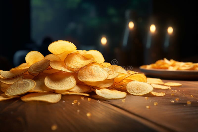 Potato Chips Stacked on a Table, Closeup Shot Highlighting Crispiness ...