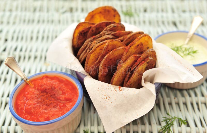 Potato Chips with Various Dipps Stock Image - Image of chilly, dipp ...