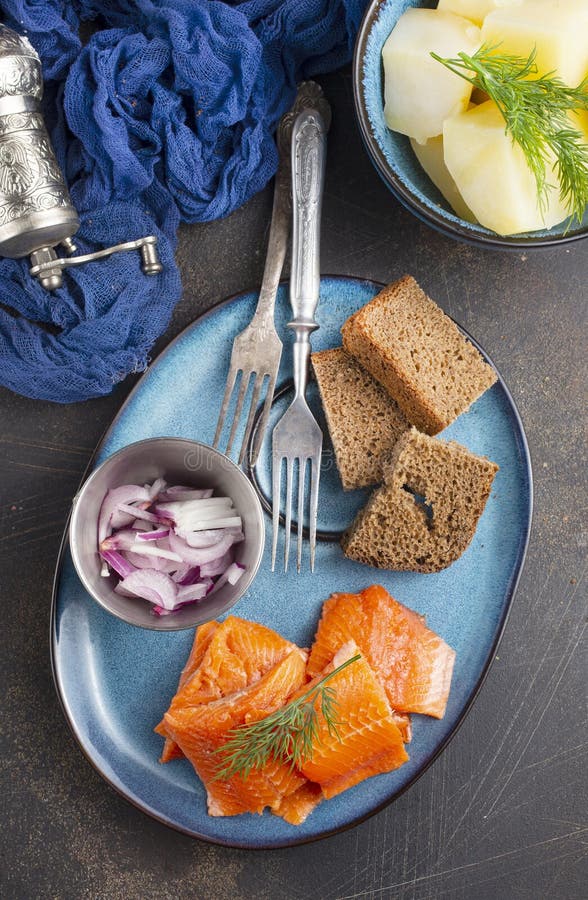 Potato with fish stock image. Image of salmon, melted - 167628207