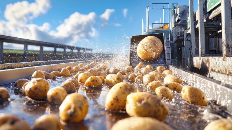 Potato Harvesting and Processing at a Farm with Fruit Packing Machine Loading and Washing ...