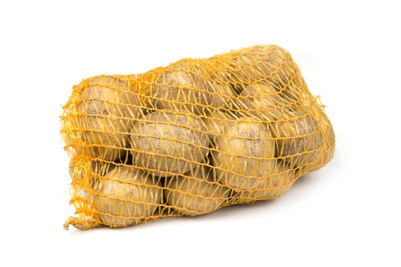 Potato in the Mesh Net Bag on a White Stock Image - Image of fresh ...