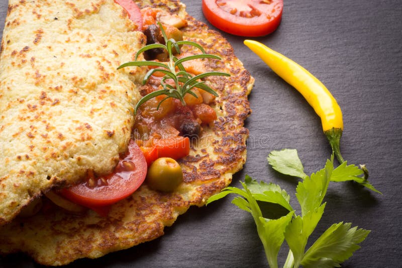 Potato pancake with stew stock photo. Image of cuisine - 84713864