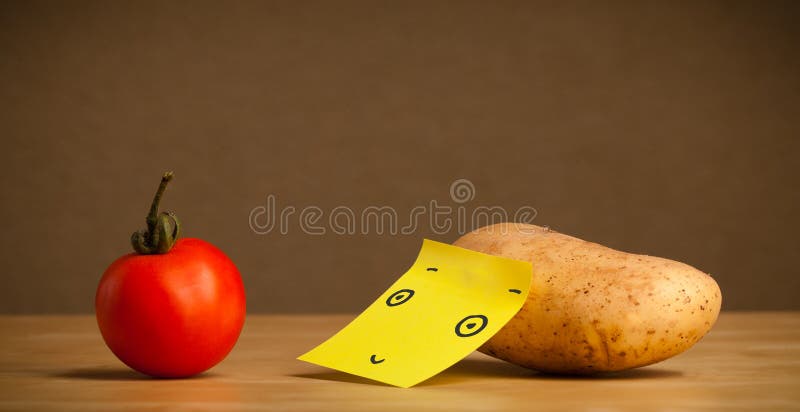 Potato with Post-it Note Smiling at Tomato Stock Photo - Image of ...
