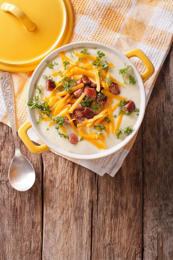 Potato Puree Soup with Bacon and Cheddar Close-up in a Pan. Vert Stock ...