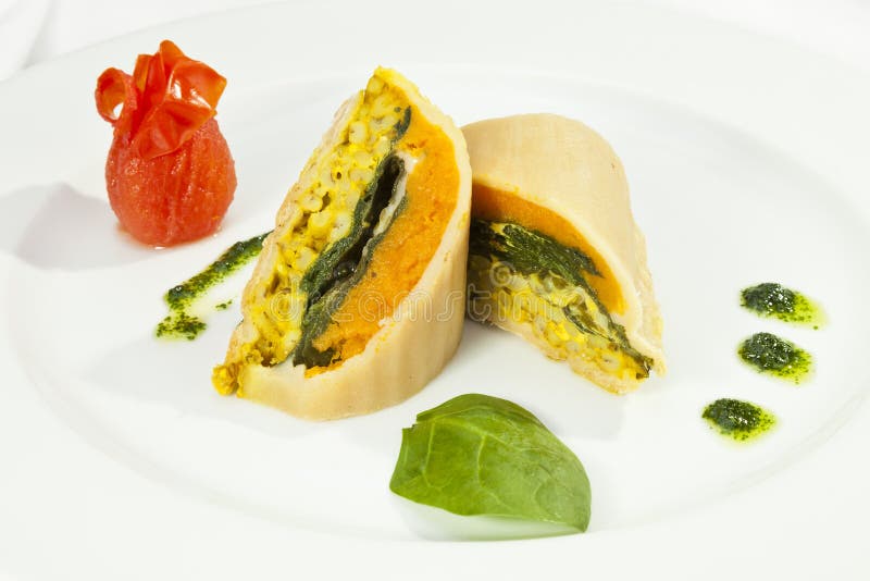 Potato Roulade with Spinach, Carrot and Curry Rice Stock Photo - Image ...