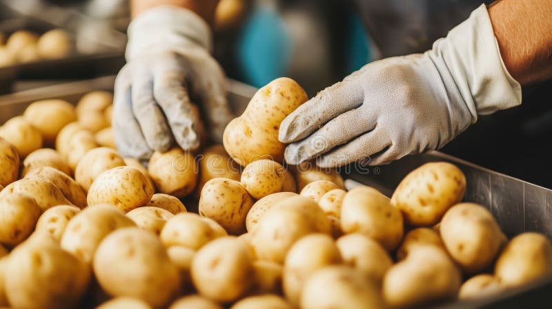 Potato Sorting Process in Agricultural Setting, Hands Gloved Stock ...