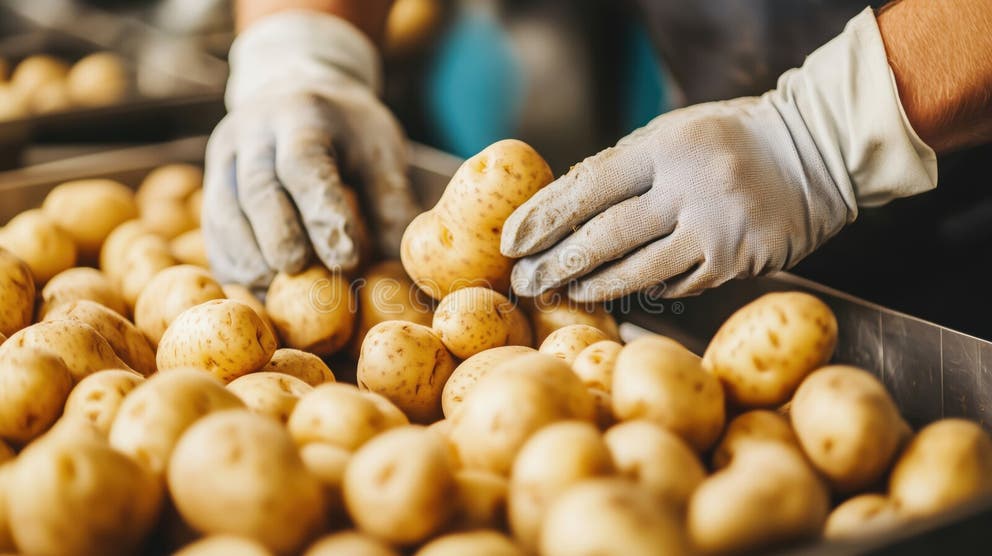 Potato Sorting Process in Agricultural Setting, Hands Gloved Stock ...