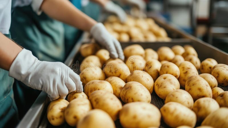 Potato Sorting Process in Factory, Workers Handling Produce Stock Image ...