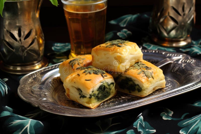 Potato and Spinach Knishes on a Patterned Serving Tray Stock Photo ...
