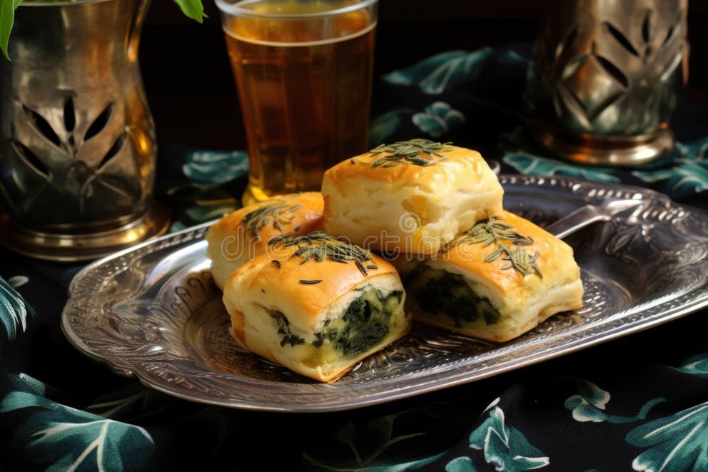 Potato and Spinach Knishes on a Patterned Serving Tray Stock Photo ...