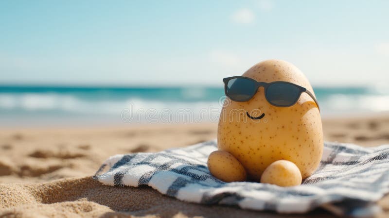 A Potato with Sunglasses Sitting on a Towel at the Beach, AI Stock ...
