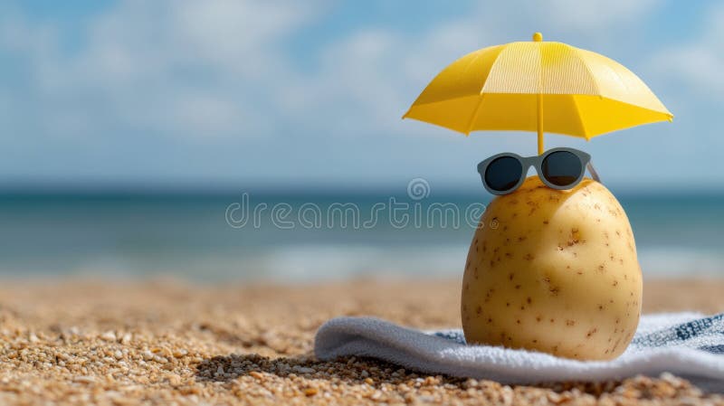 A Potato with Sunglasses and a Yellow Umbrella on the Beach, AI Stock ...