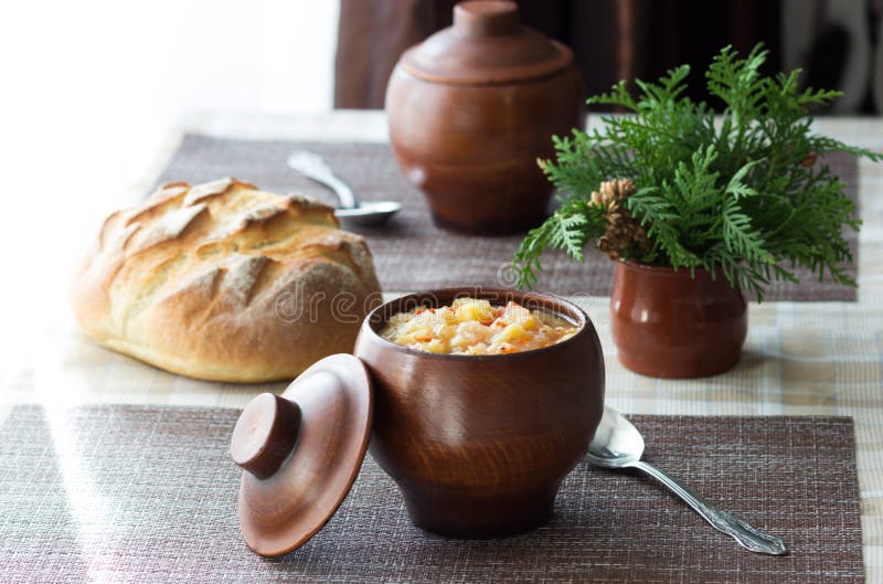 Potato and Vegetables Stew Cooked in Clay Pot on the Table Stock Image ...