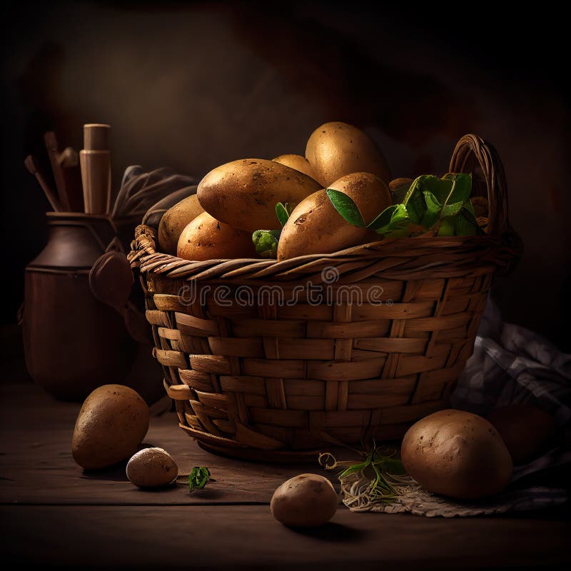 Potatoes in Antique Basket on Wooden Table and Dark Background ...